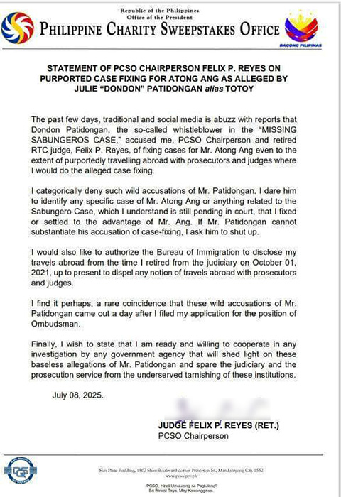 PCSO Chairman Felix Reyes denies allegations of fixing cases for Atong Ang • PhilSTAR Life